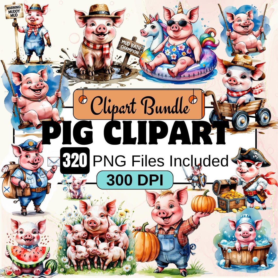 320 Pig Clipart Bundle, Watercolor Pig Clipart PNG Bundle, Cute Pig ...