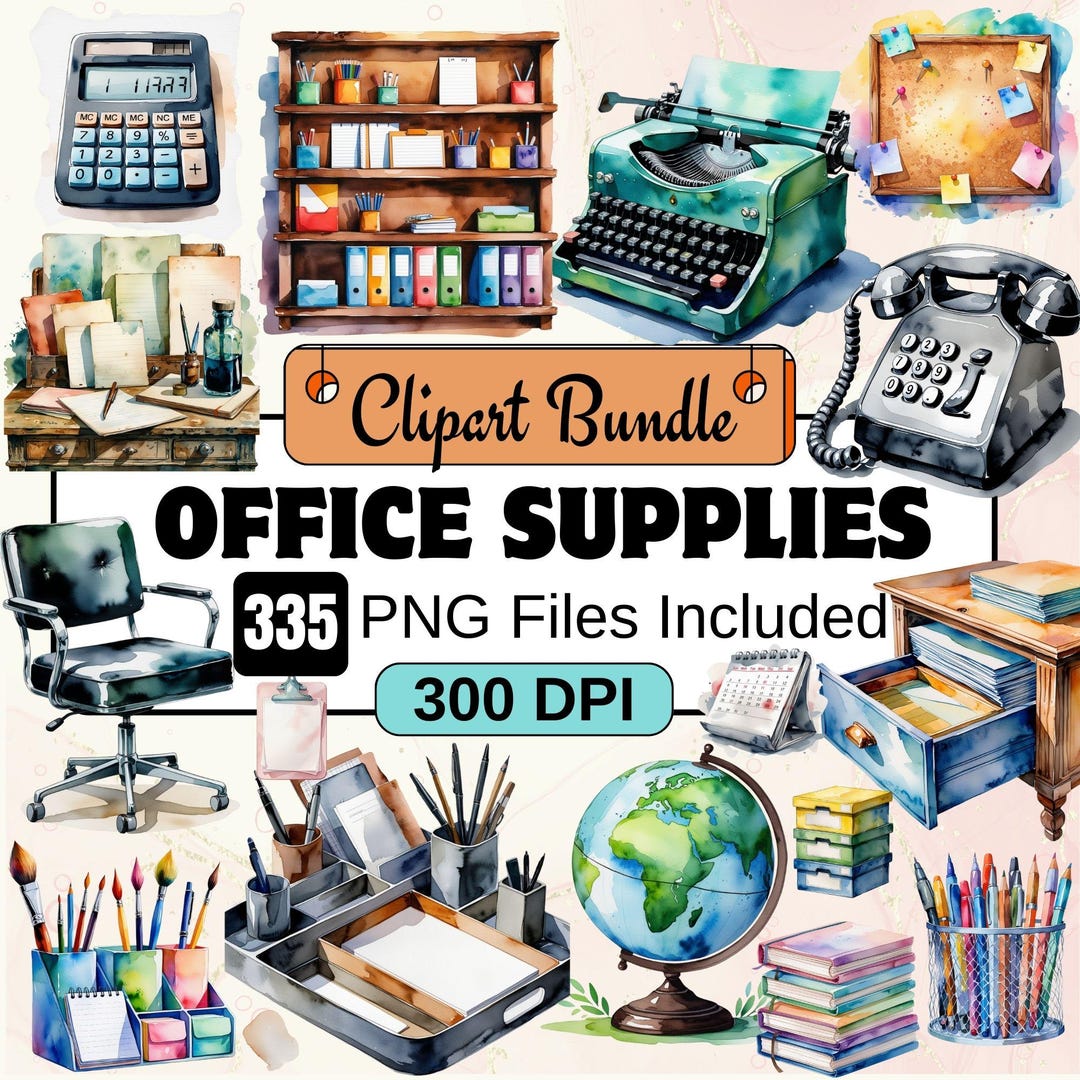 335 Office Supplies Watercolor Clipart Bundle Set, Home Office Clipart ...
