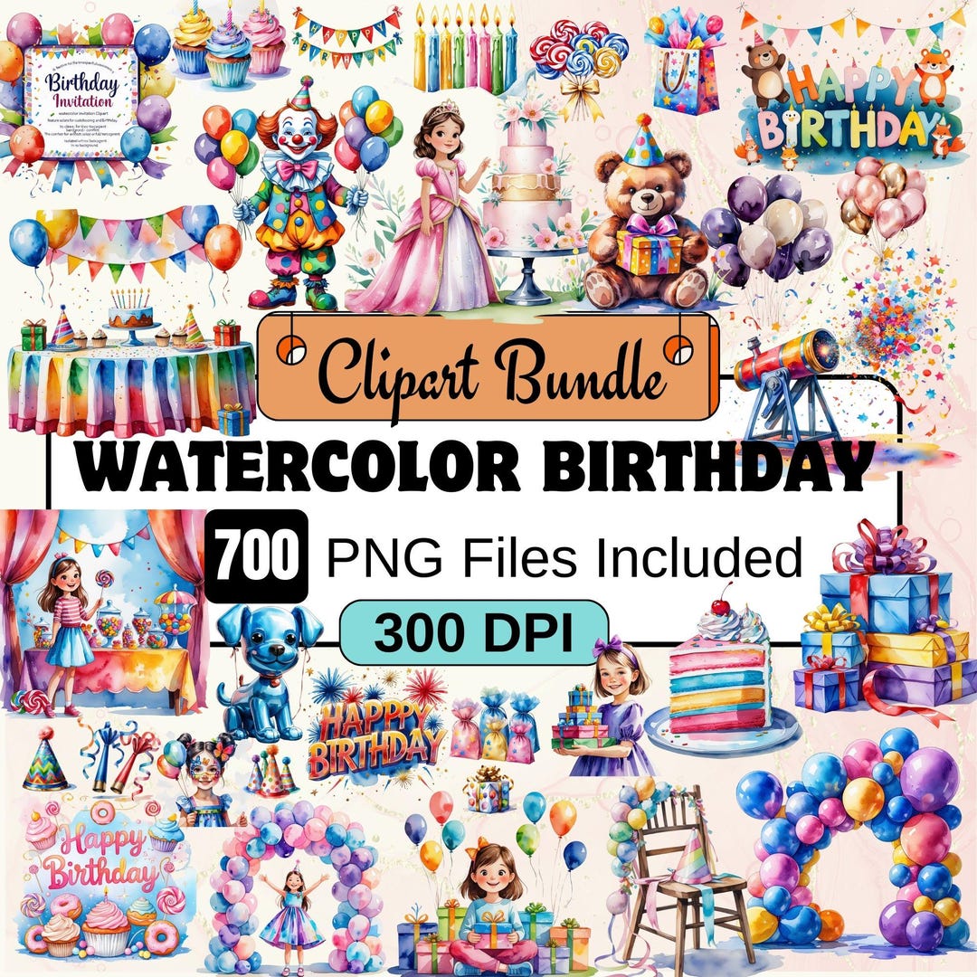700 Watercolor Birthday Clipart Bundle Set,birthday Png,watercolor ...