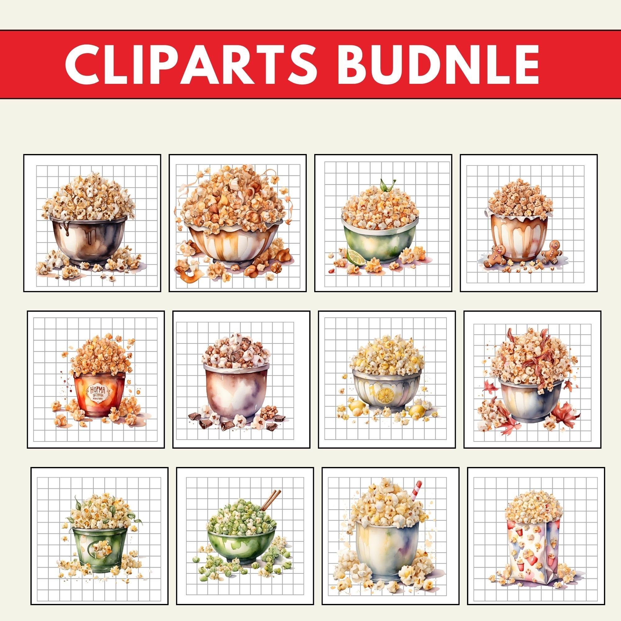 Popcorn Clipart, Watercolor Popcornt PNG Bundle, 24 Popcorn Clipart ...