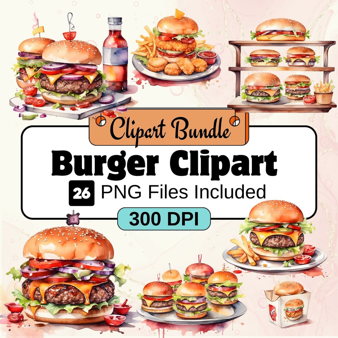 Burger Clipart, Watercolor Burger PNG Bundle, 24 PNG Burger Clipart ...