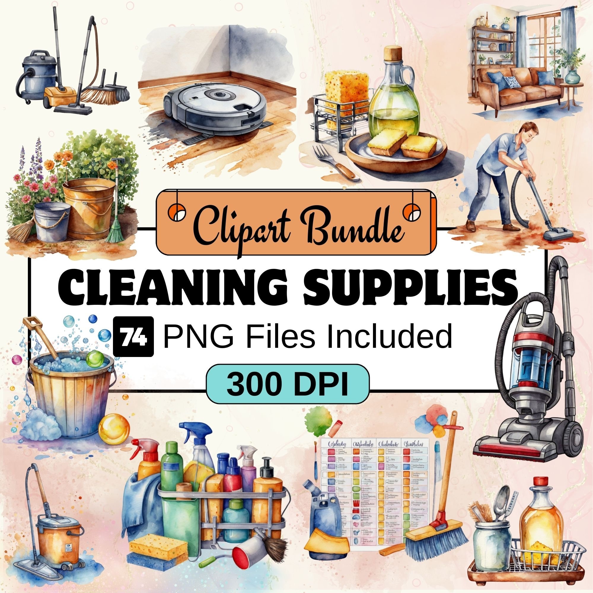 Cleaning Supplies Clipart, Kitchen Clipart PNG Bundle, 74 PNG Cleaning ...