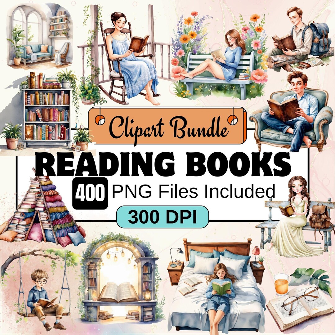 Reading Books Clipart, Reading Girls Clipart PNG Bundle, 400 PNG ...
