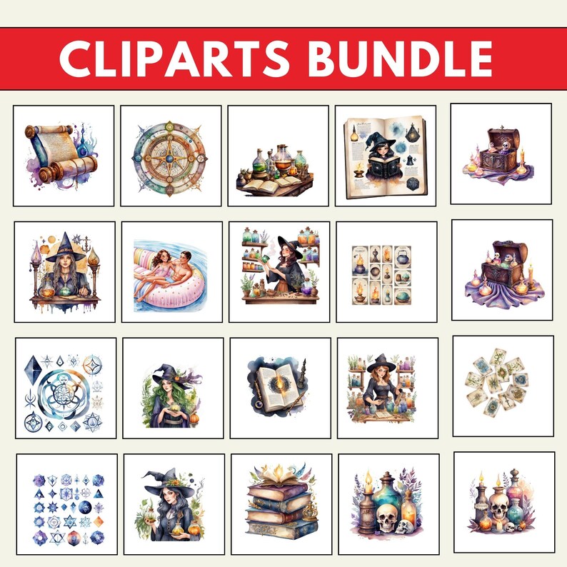 Witchcraft Clipart, Fantasy Clipart PNG Bundle, 125 PNG Witchcraft ...