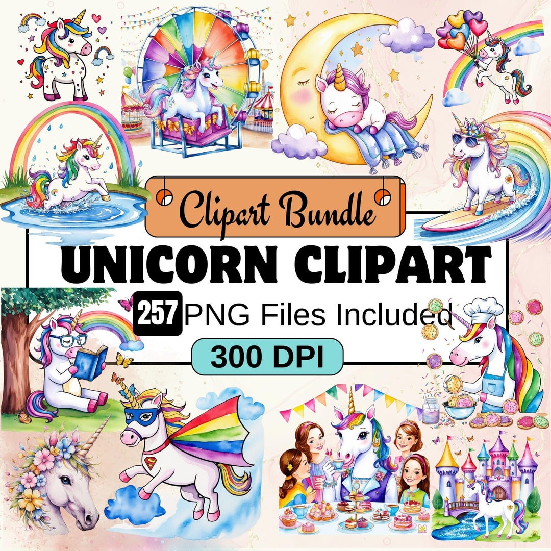 Rainbow Unicorn Clipart, Unicor Clipart PNG Bundle, 257 PNG Watercolor ...