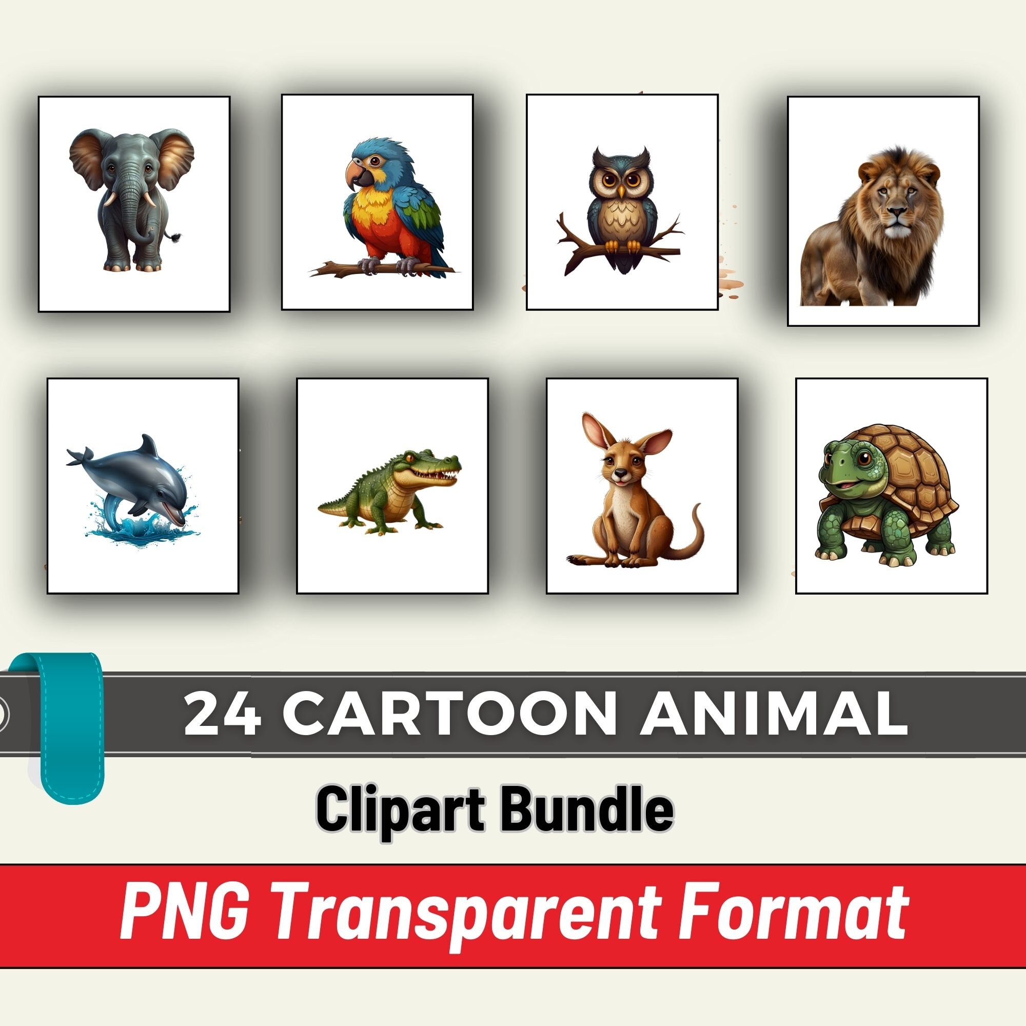 Cartoon Animal Clipart, Animal Clipart PNG Bundle, 24 PNG Cartoon ...