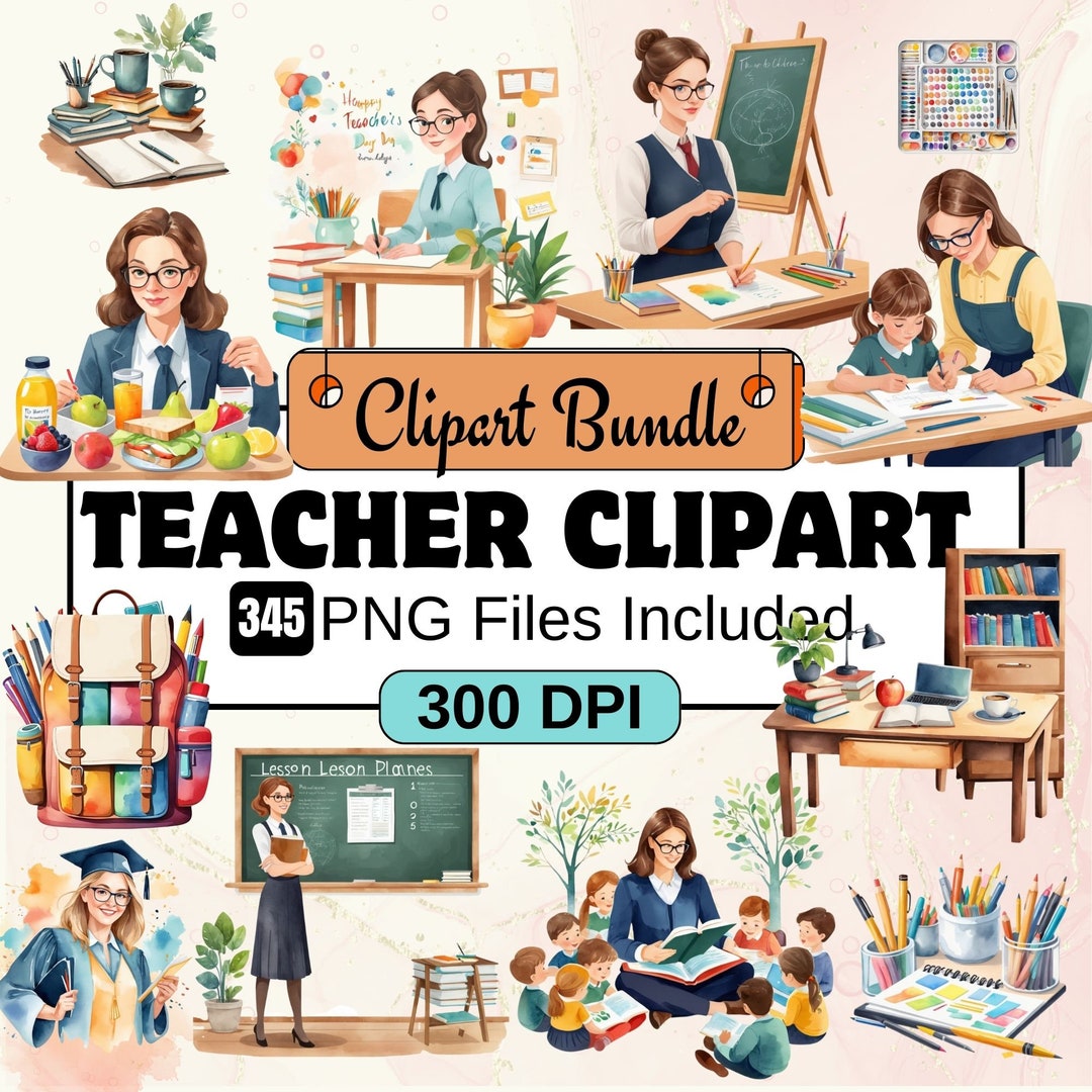 Teacher Watercolor Clipart, School Clipart PNG Bundle, 345 Classroom ...