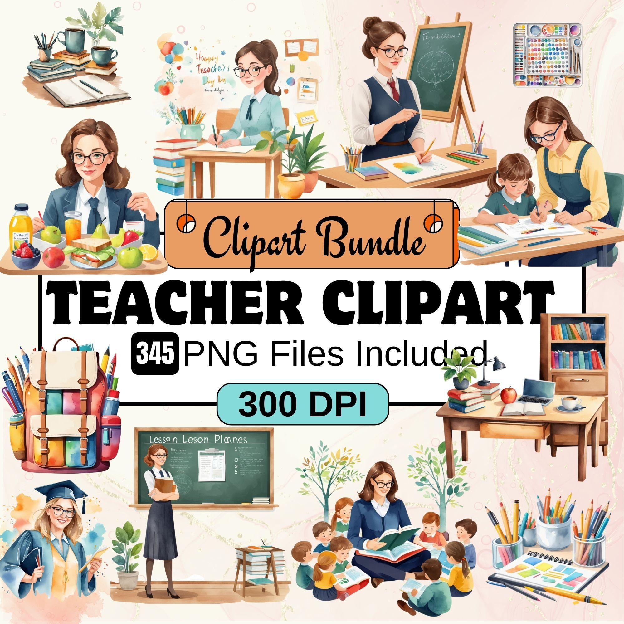 Teacher Watercolor Clipart, School Clipart PNG Bundle, 345 Classroom ...