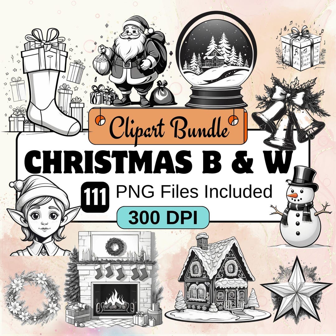 Christmas Black and White Clipart, Christmas Clipart PNG Bundle, 111 ...