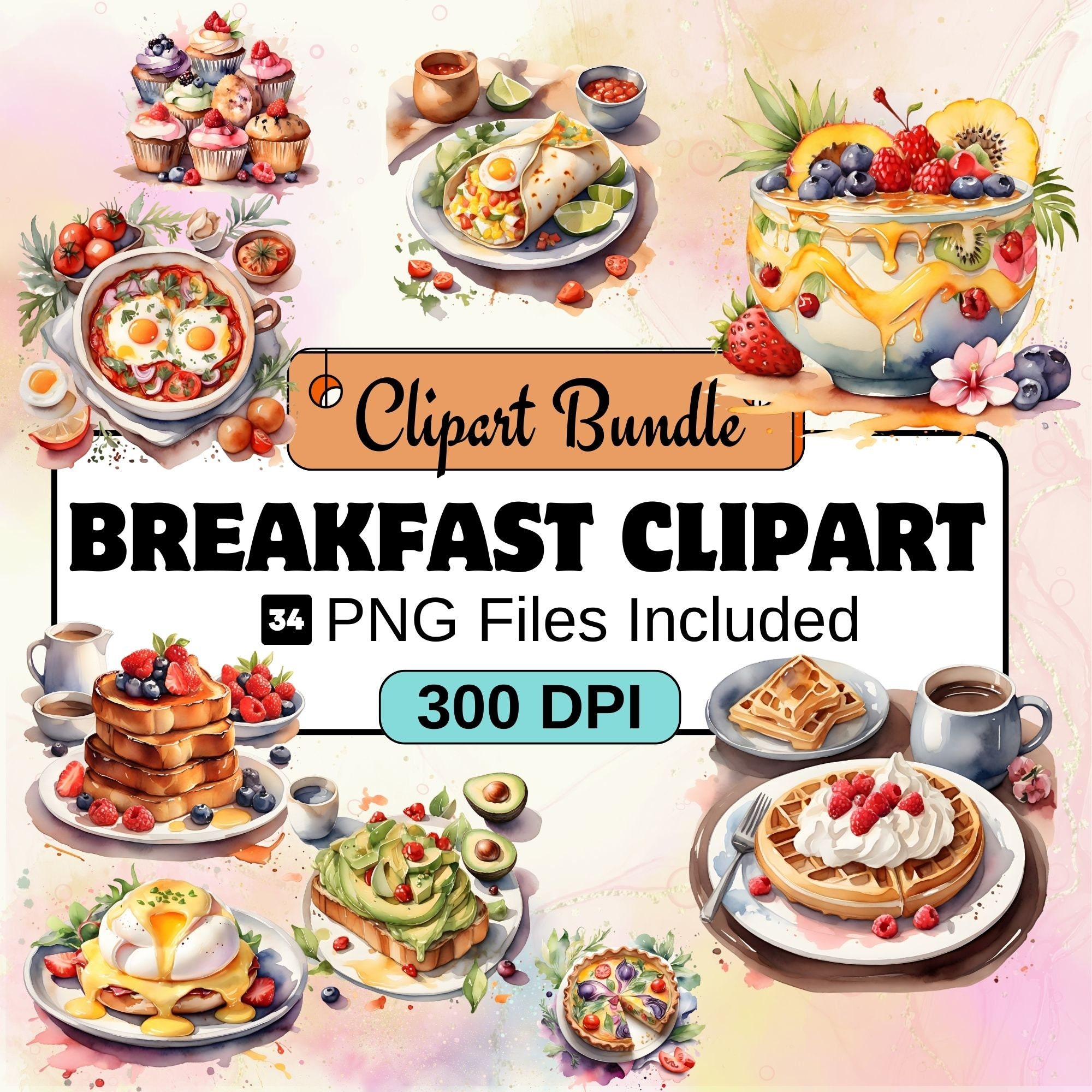 Breakfast Clipart, Food Clipart PNG Bundle, 24 PNG Breakfast Clipart ...