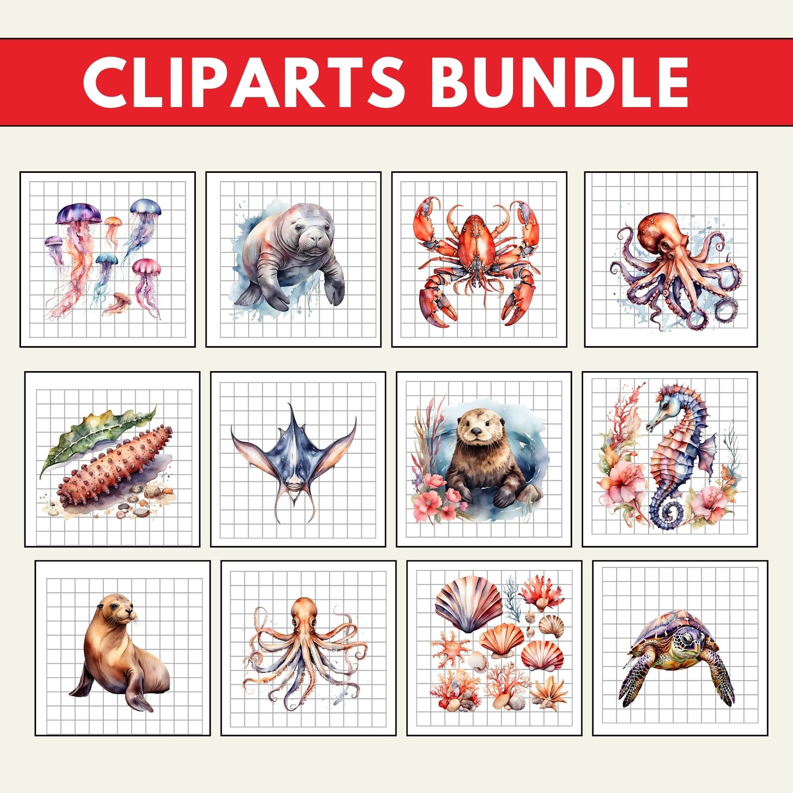 Sea Animal Clipart, Animal Clipart PNG Bundle, 70 PNG Sea Animal ...