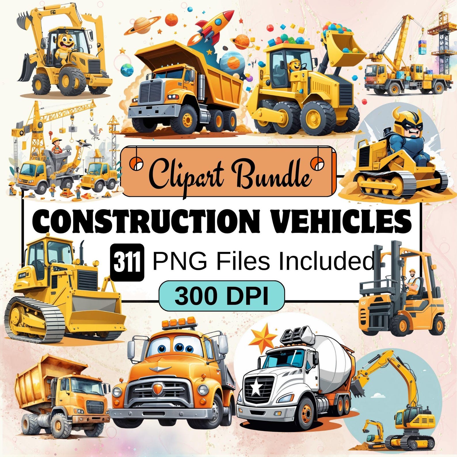 Construction Vehicle Clipart, Heavy Equipment Clipart PNG Bundle, 311 ...