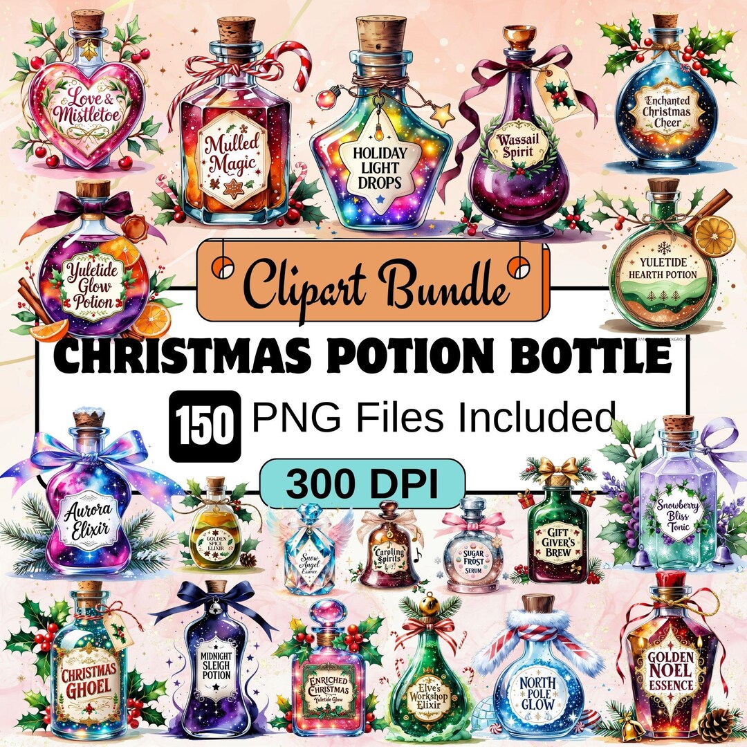 Christmas Potion Bottles Clipart,whimsical Christmas Clipart,christmas ...