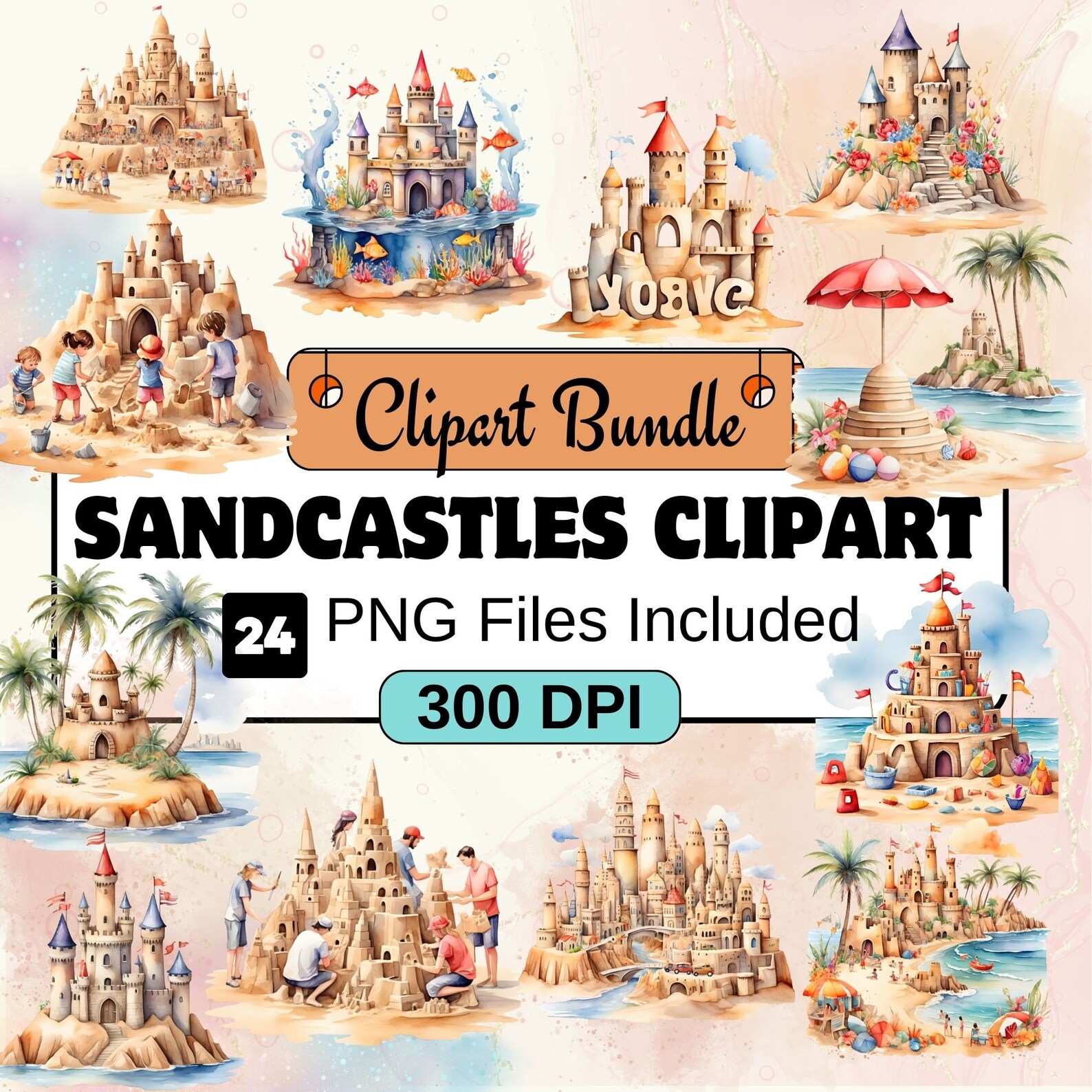 Sandcastle Clipart, Beach Clipart PNG Bundle, 24 PNG Sandcastle Clipart ...