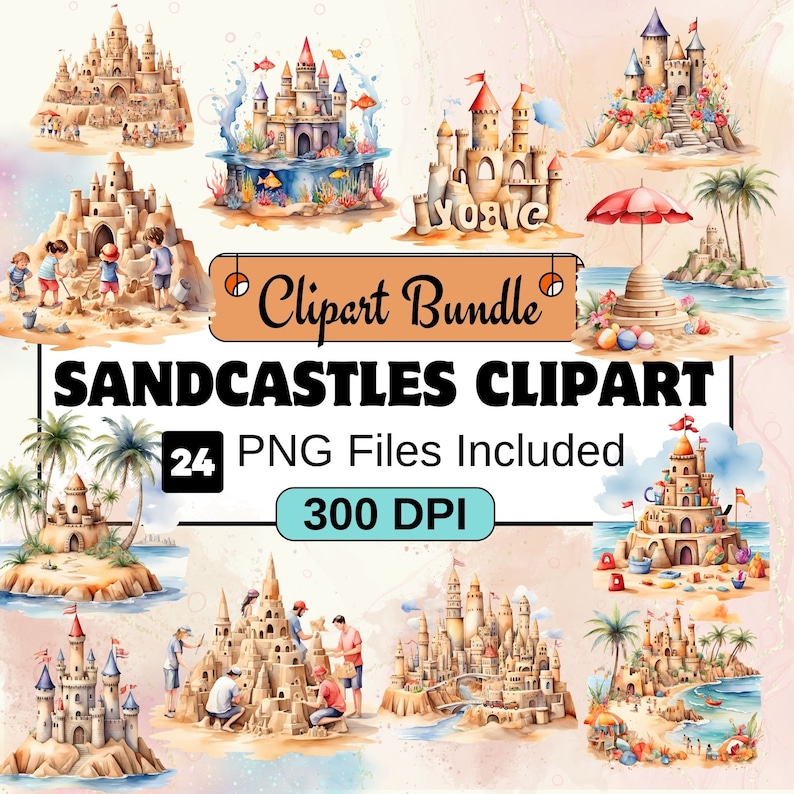 Sandcastle Clipart, Beach Clipart PNG Bundle, 24 PNG Sandcastle Clipart ...