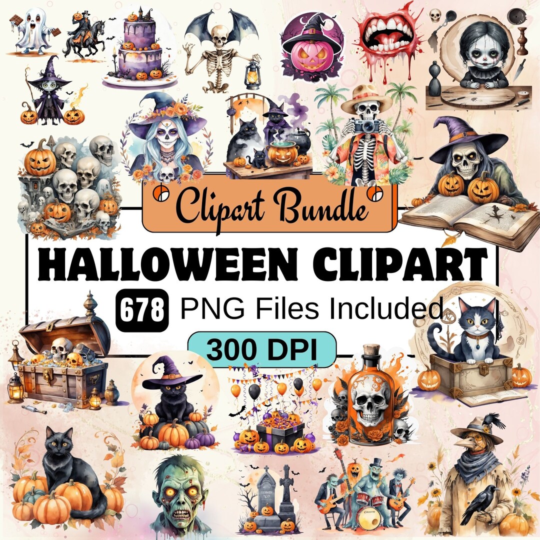 Halloween Clipart, Watercolor Halloween Clipart PNG Bundle, 678 PNG ...