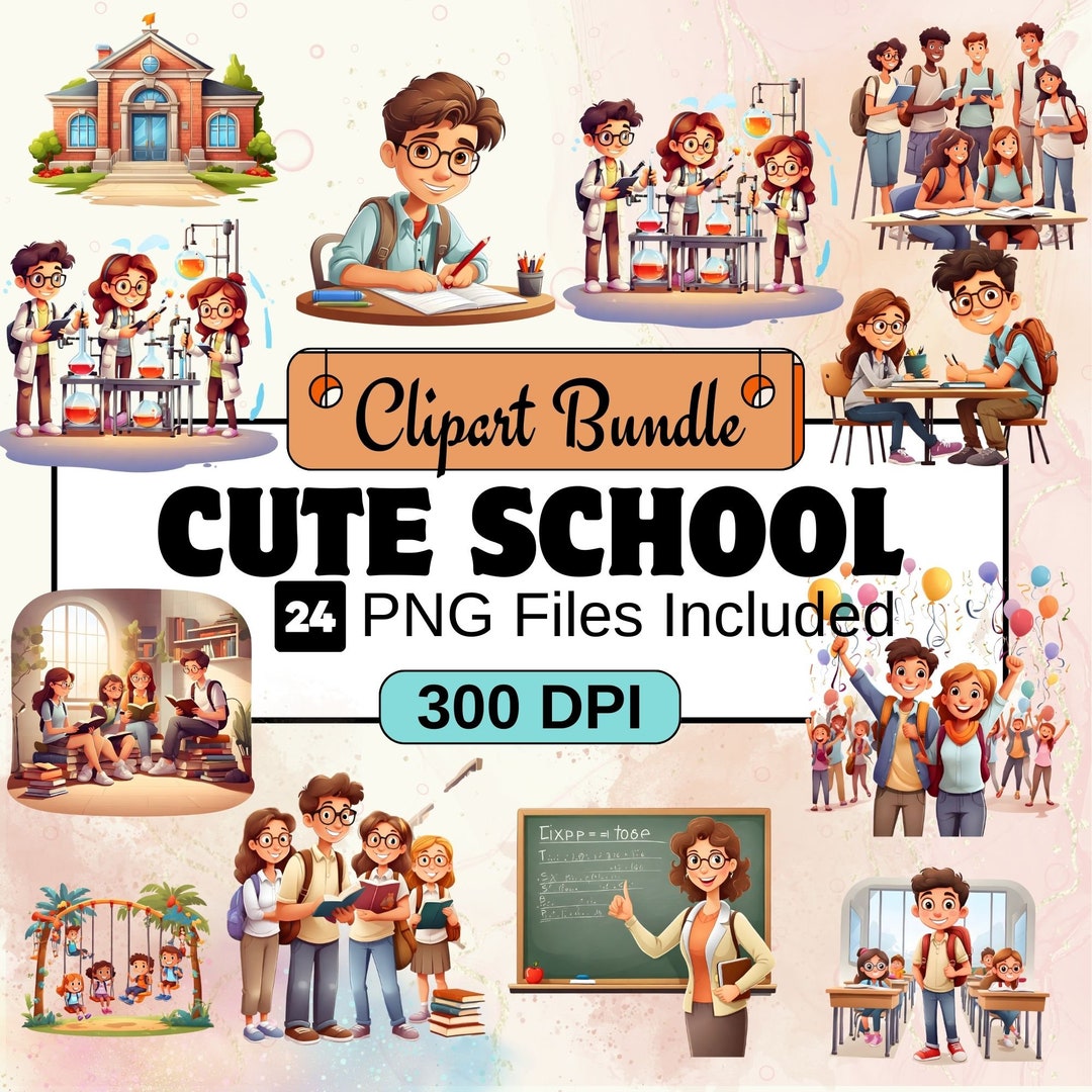 Cute School Clipart, School Clipart PNG Bundle, 24 PNG Cute School ...
