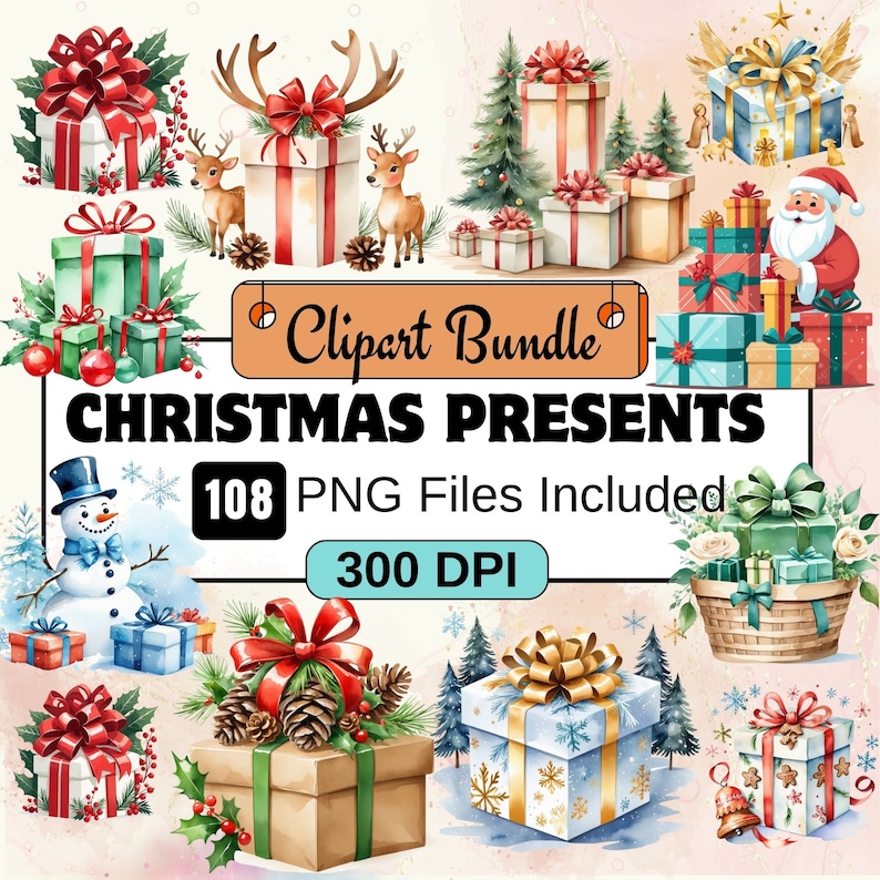 Christmas Presents Clipart, Christmas Clipart PNG Bundle, 108 PNG ...