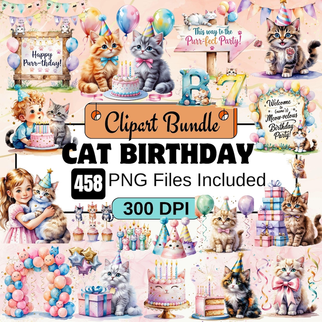 314 Cat Birthday Clipart,kitten Birthday PNG, Party Kittens, Cute Cat ...