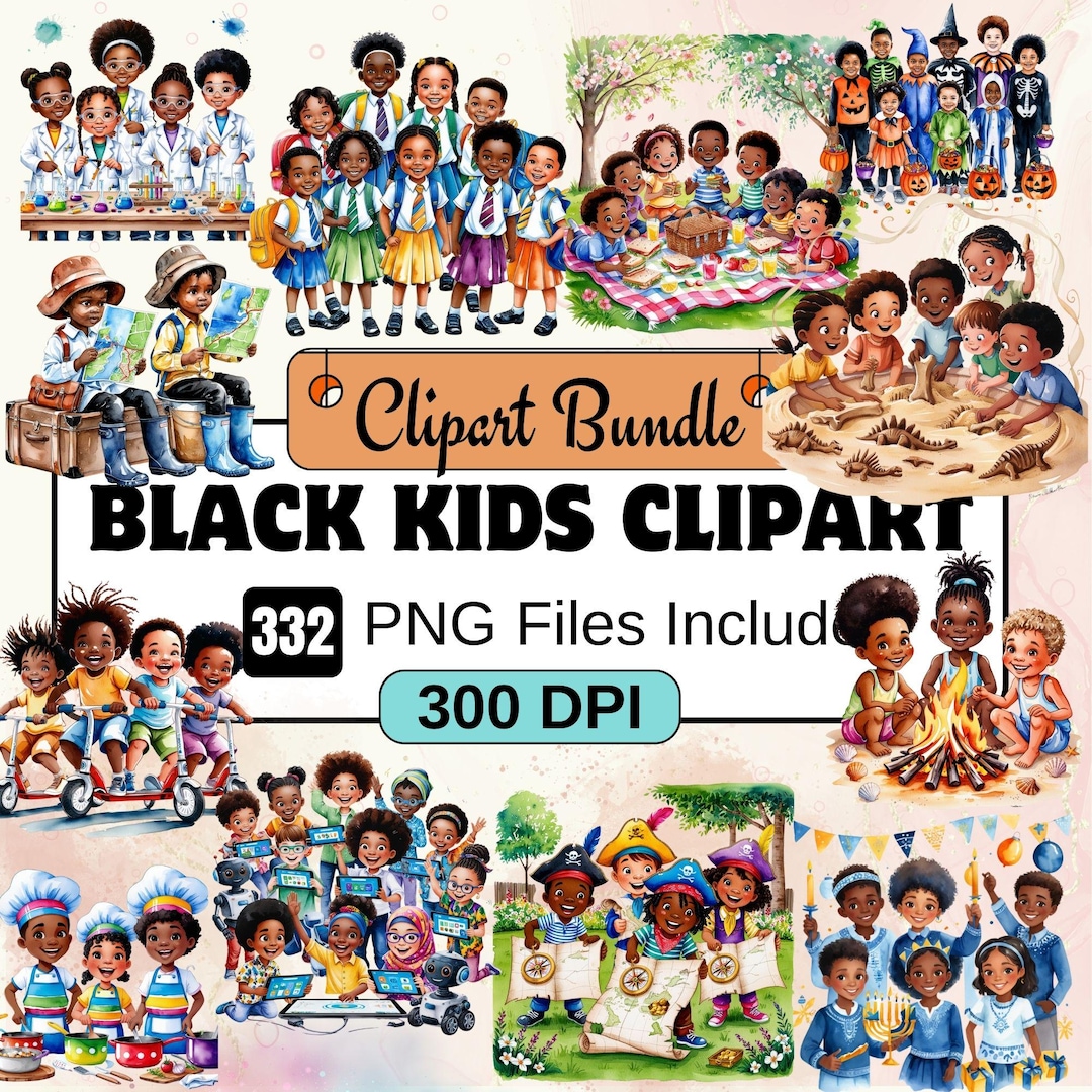 Black Kids Clipart, Black Family Clipart PNG Bundle, 24 PNG Black Kids ...