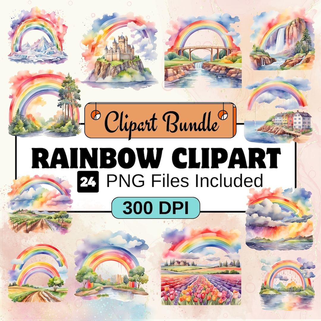 Rainbow Clipart, Rainbows Watercolor Clipart PNG Bundle, 24 PNG Rainbow ...