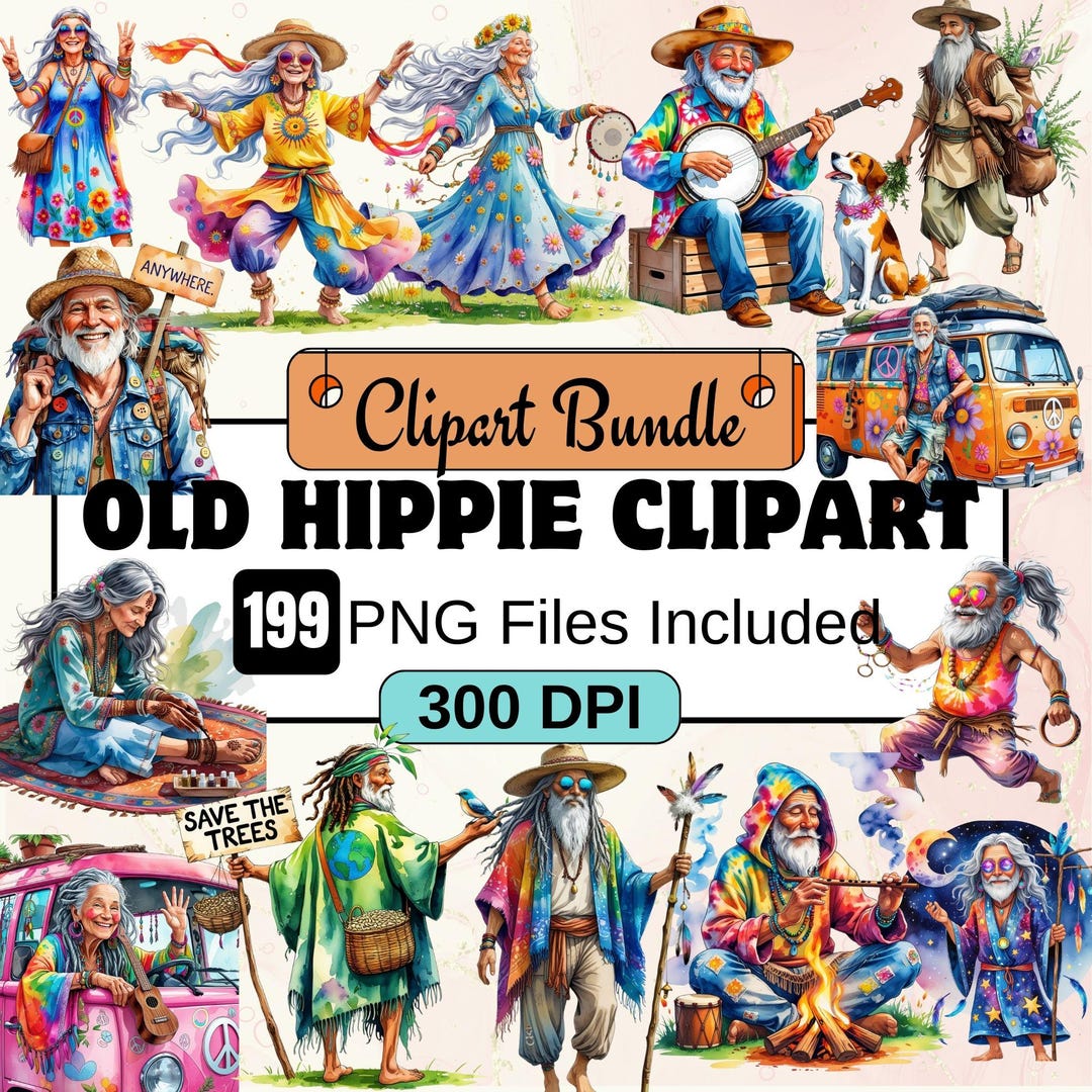 Old Hippie Woman and Man Clipart,cute Happy Elderly Lady, Hippie ...