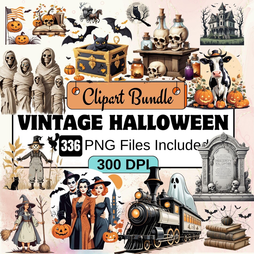 Vintage Halloween Clipart, Watercolor Halloween Clipart PNG Bundle, 336 ...