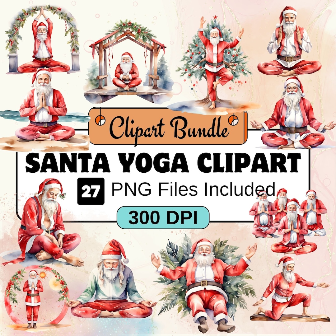 Santa Yoga Clipart, Christmas Clipart PNG Bundle, 27 PNG Santa Yoga ...