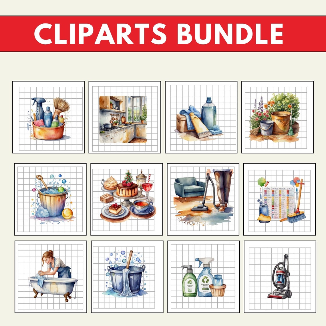 Cleaning Supplies Clipart, Kitchen Clipart PNG Bundle, 74 PNG Cleaning ...