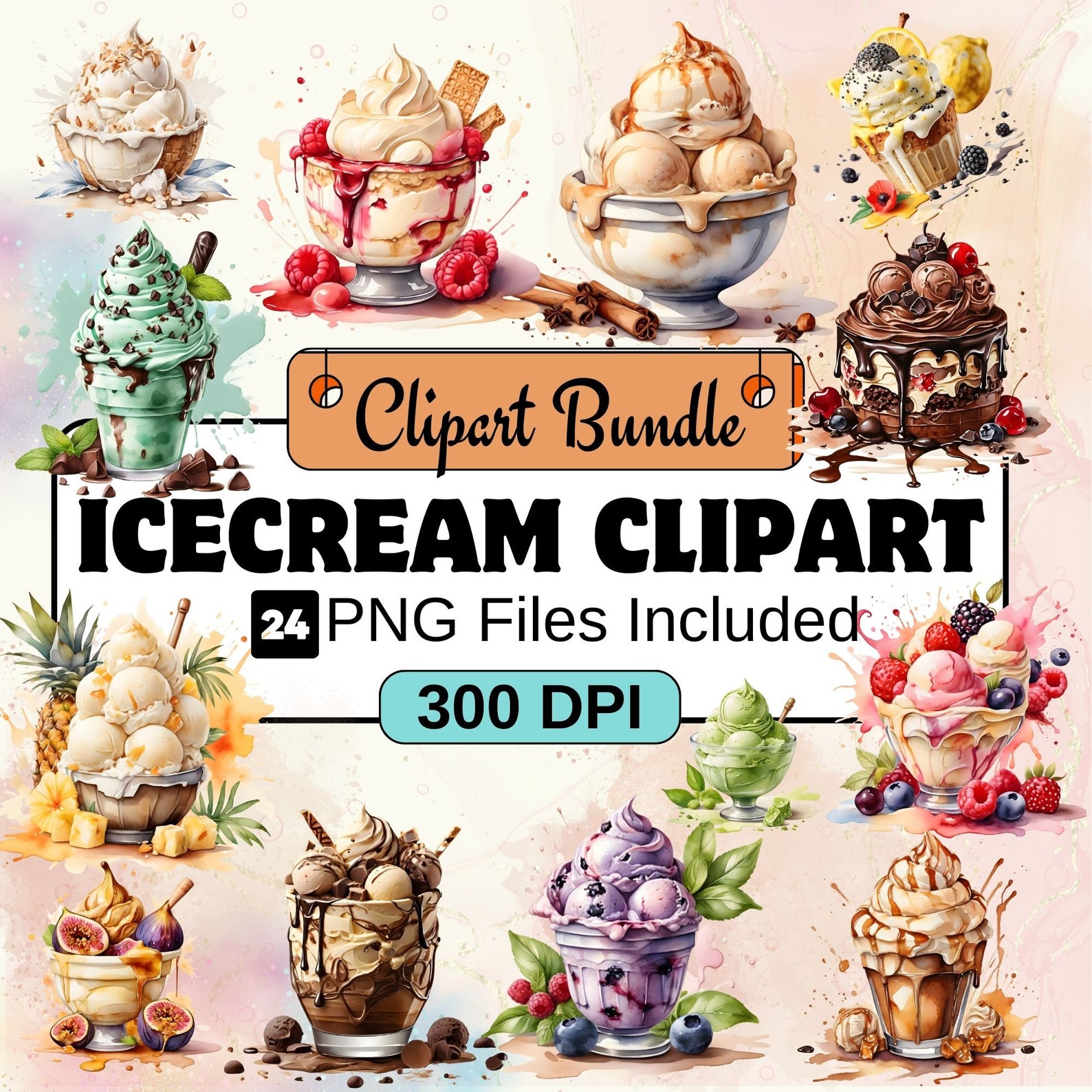 Icecream Watercolor Clipart, Watercolor Tasty Desserts, Sweet Treats ...