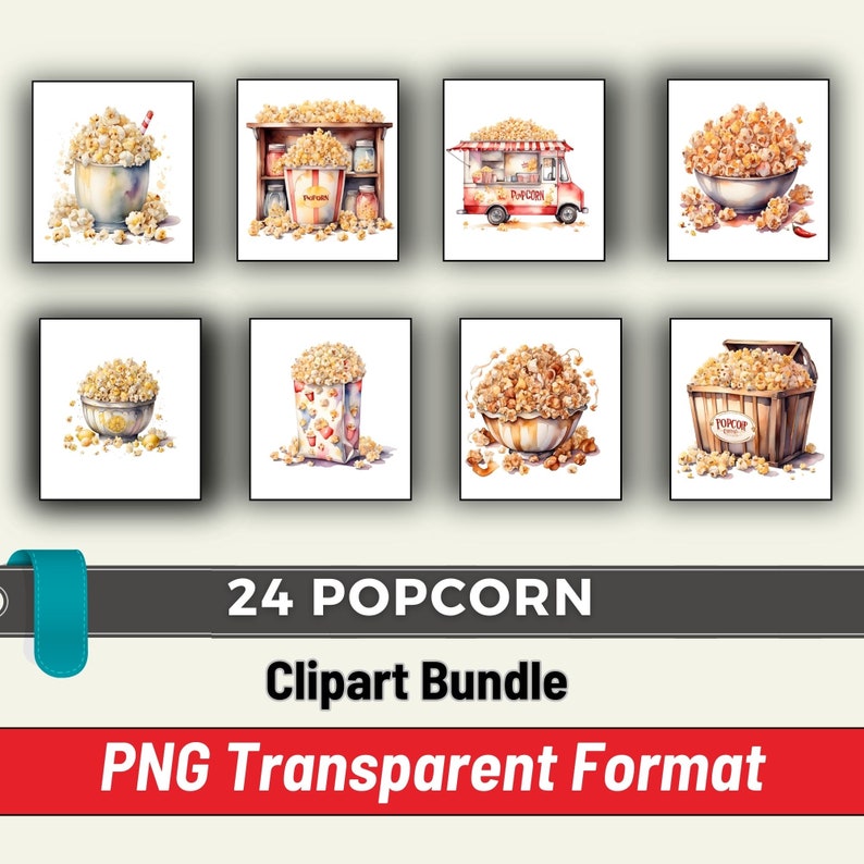 Popcorn Clipart, Watercolor Popcornt PNG Bundle, 24 Popcorn Clipart ...