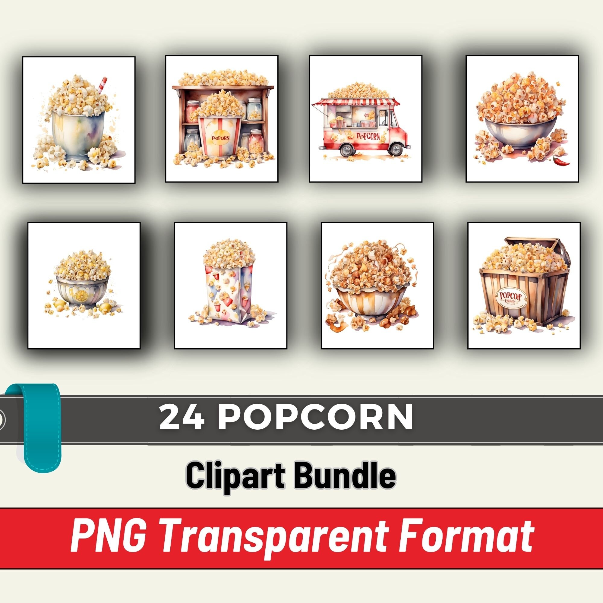 Popcorn Clipart, Watercolor Popcornt PNG Bundle, 24 Popcorn Clipart ...