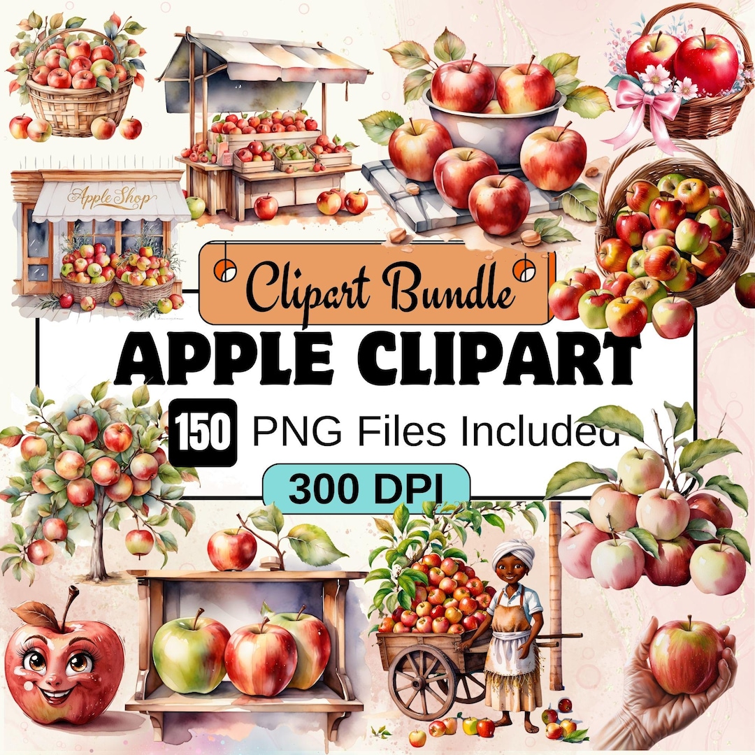 Apple Clipart, Apple Watercolor Clipart Bundle, 150 PNG Apple Clipart ...