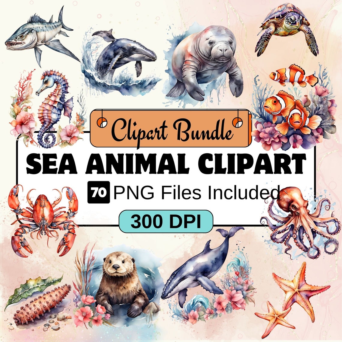 Sea Animal Clipart, Animal Clipart PNG Bundle, 70 PNG Sea Animal ...