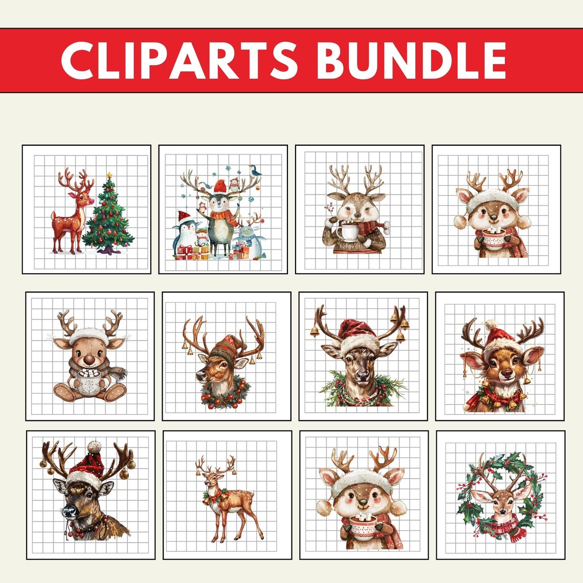 Reindeer Clipart, Christmas Clipart PNG Bundle, 37 PNG Reindeer Clipart ...