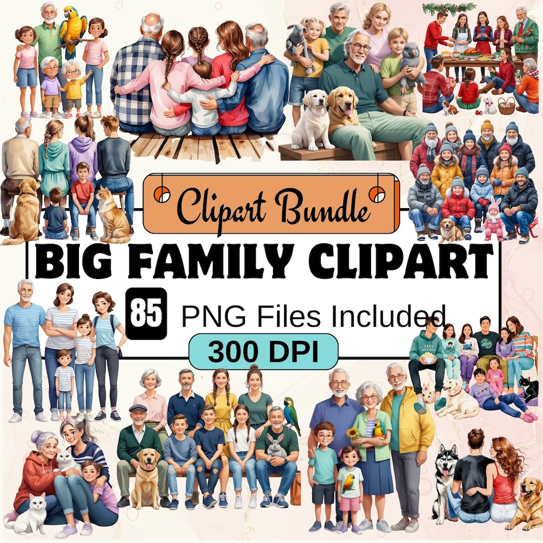 Big Family Clipart, Family Clipart PNG Bundle, 24 PNG Family Portrait ...