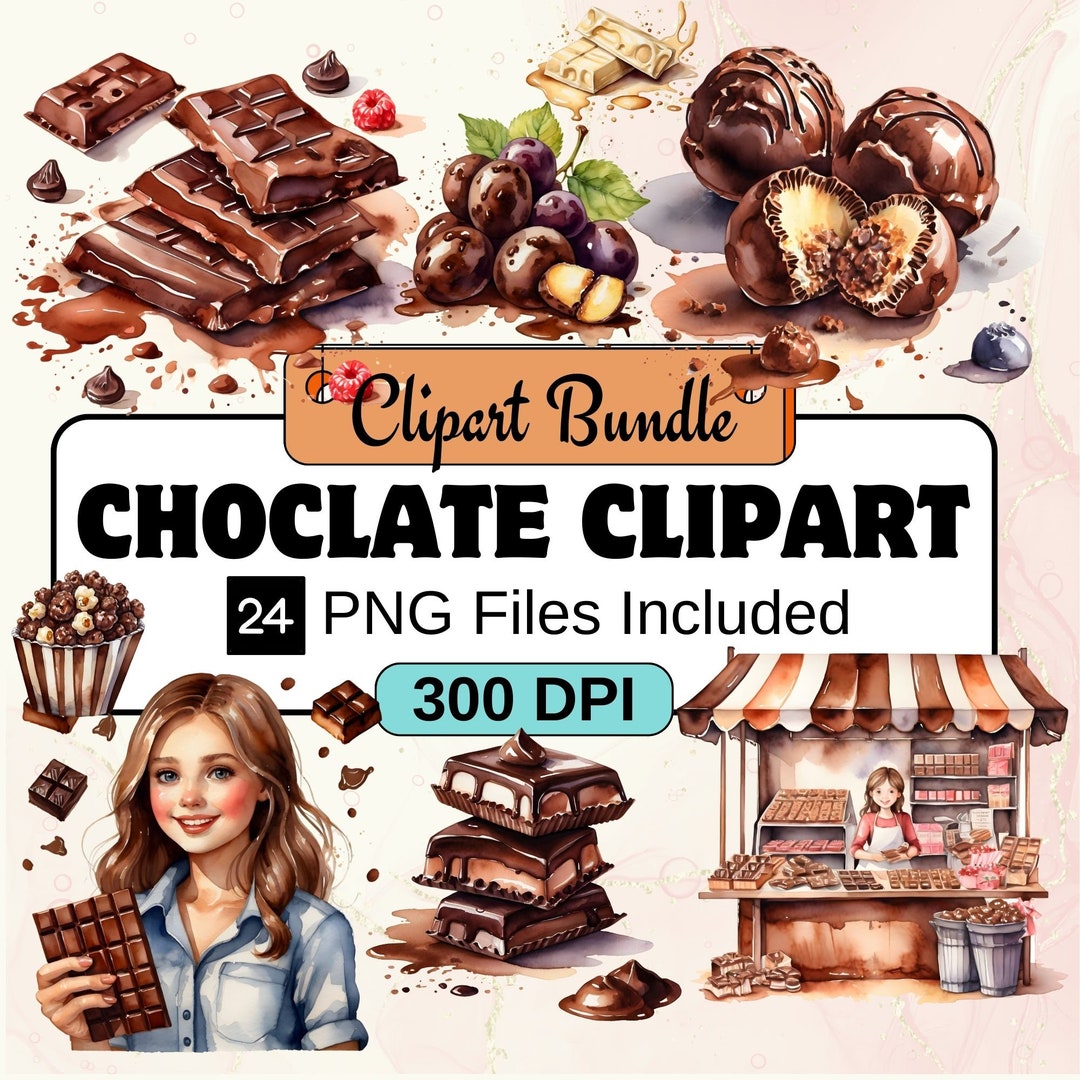 Chocolate Clipart, Watercolor Chocolate PNG Bundle, 24 Chocolate Box ...