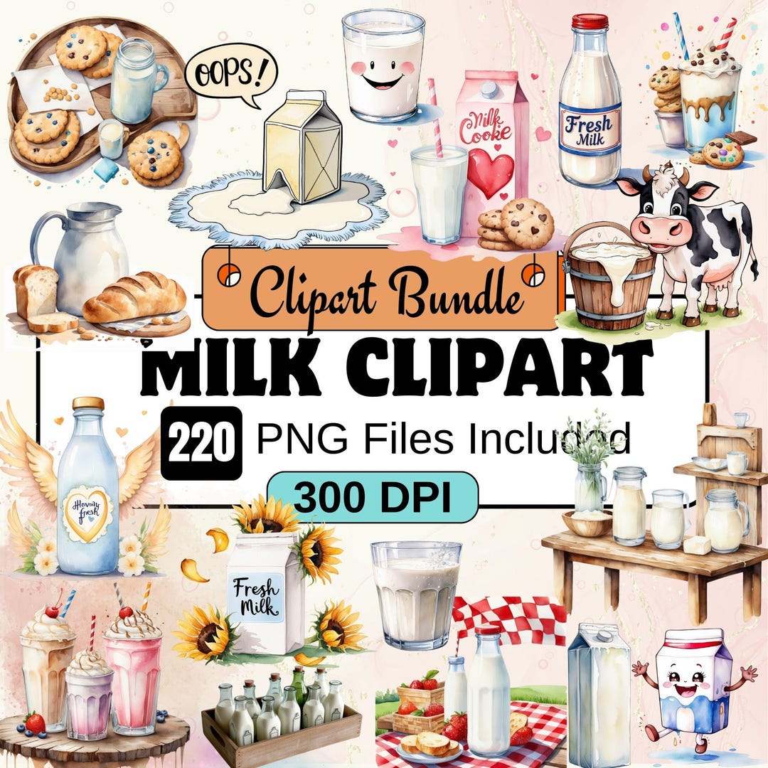 Milk Clipart, Breakfast Food Clipart PNG Bundle, 24 PNG Milk Clipart ...