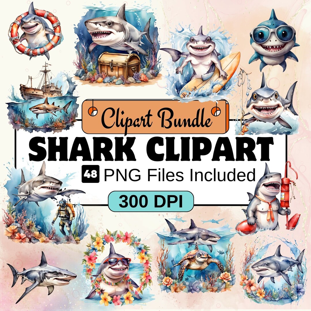 Shark Clipart, Fish Clipart PNG Bundle, 24 PNG Shark Clipart Bundle ...