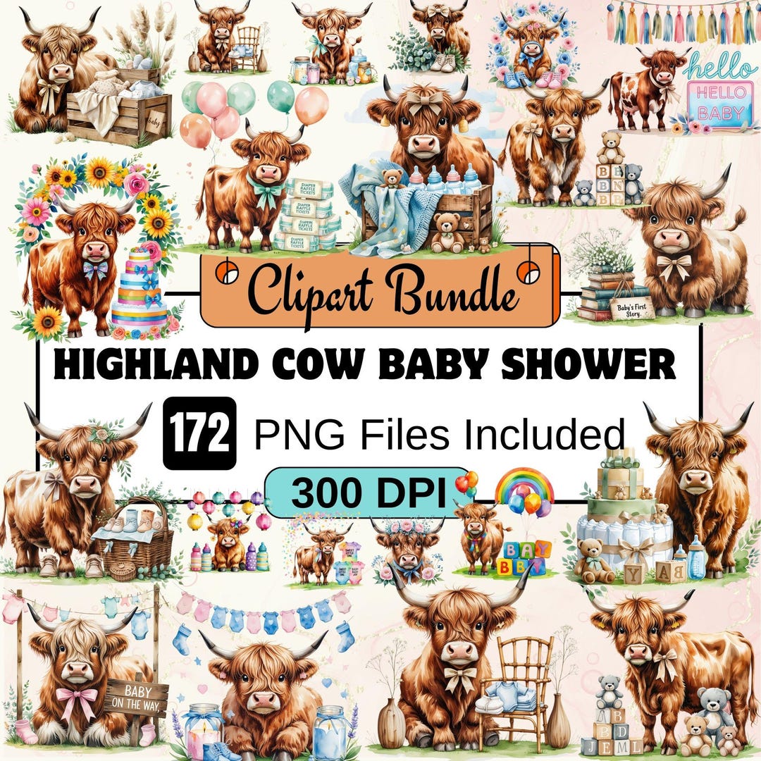 Highland Cow Baby Shower Watercolor Clipart,cute Highland Cow Clipart ...