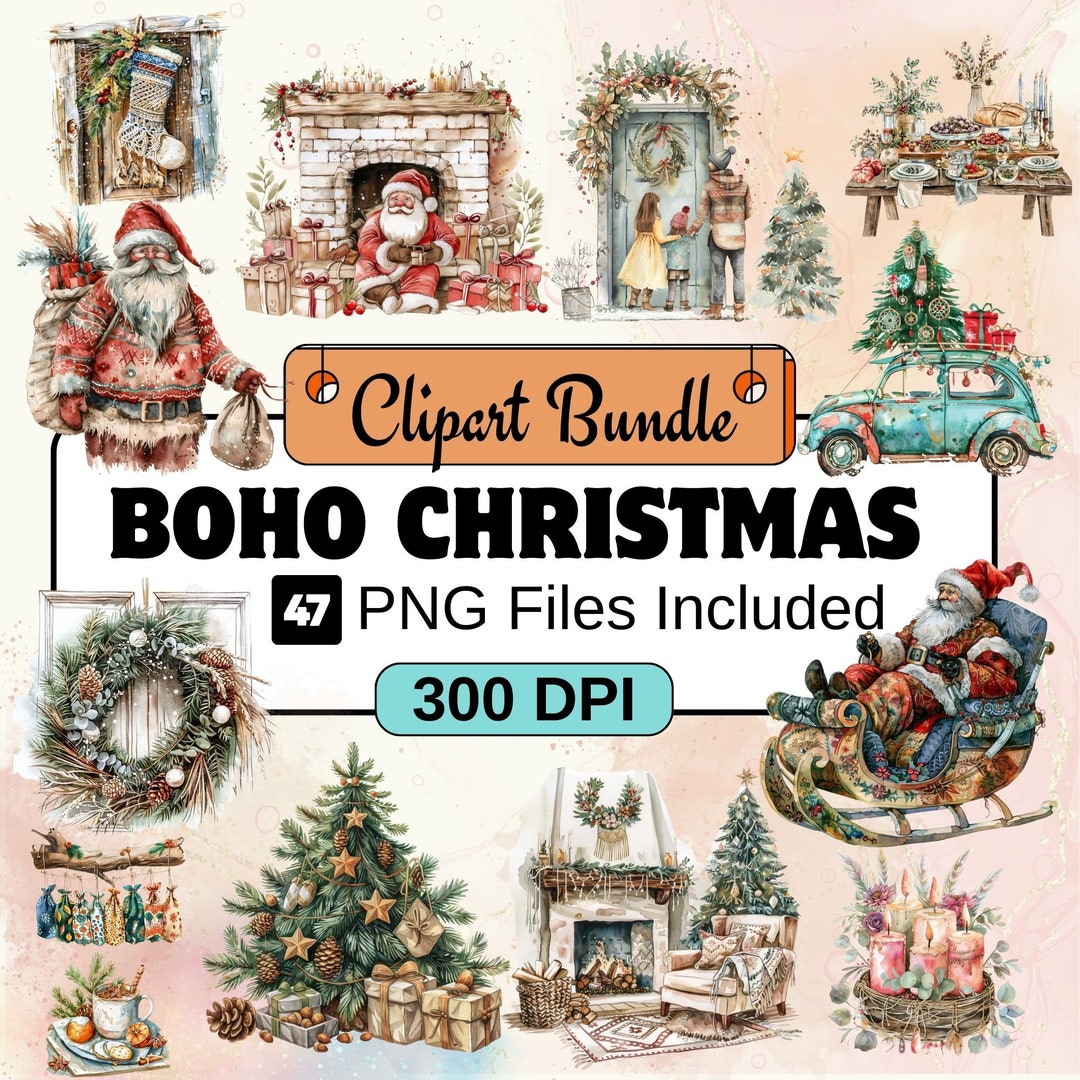 Boho Christmas Clipart, Christmas Clipart PNG Bundle, 47 PNG Christmas ...