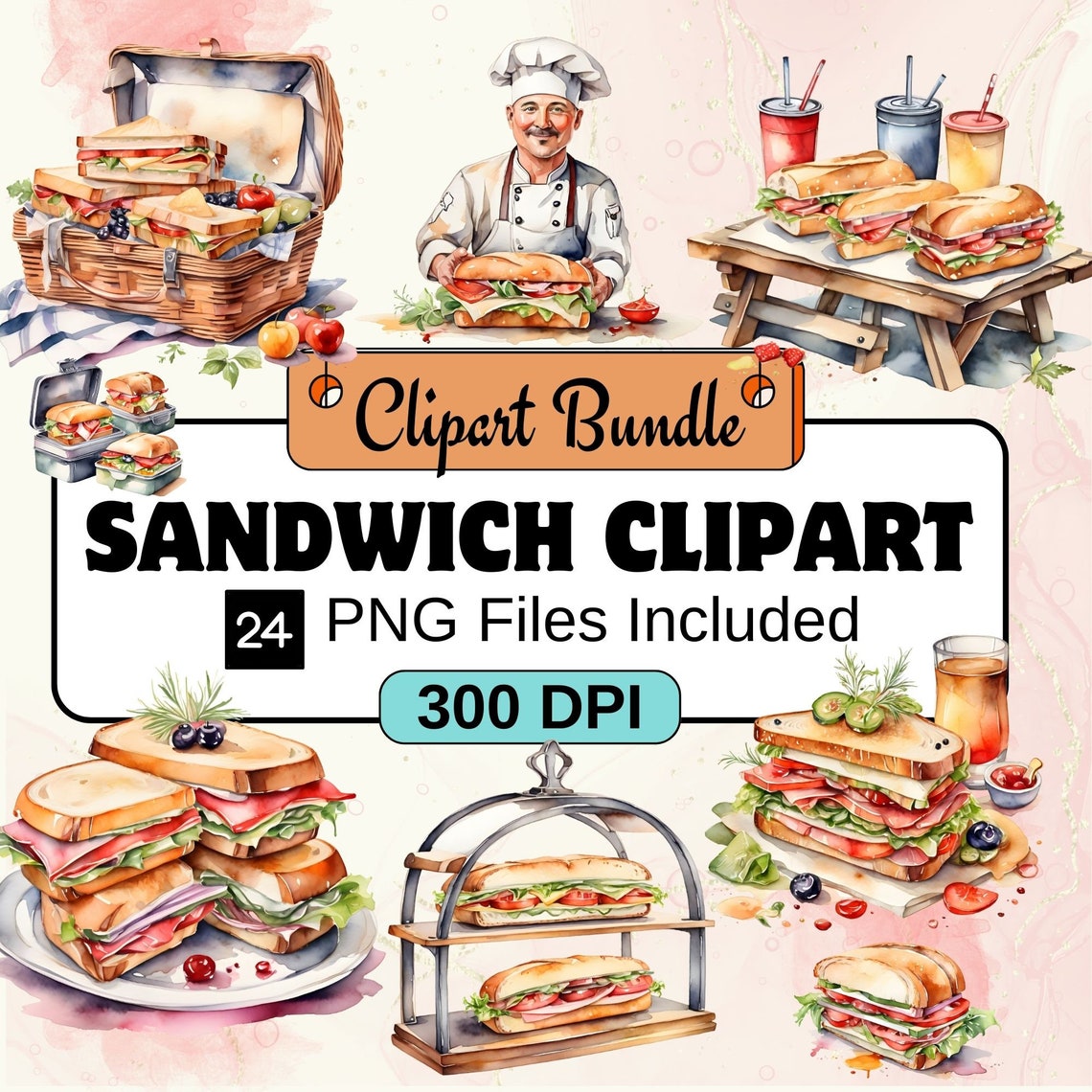 Sandwich Clipart, Watercolor Sandwich, Food Clipart, PNG Bundle, 24 ...