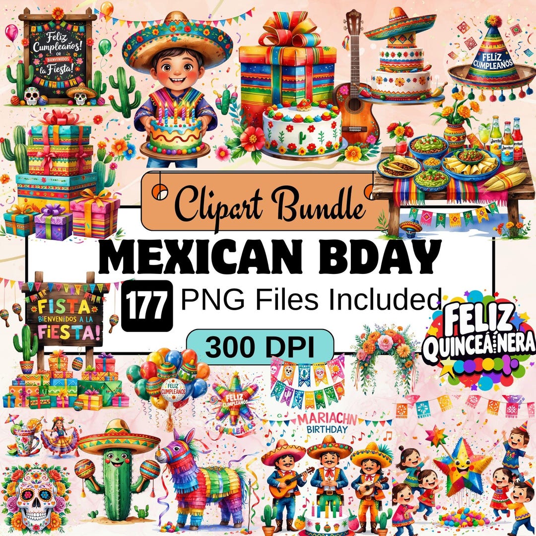 177 Mexican Birthday Clipart Bundle Set, Fiesta Birthday Png,watercolor ...