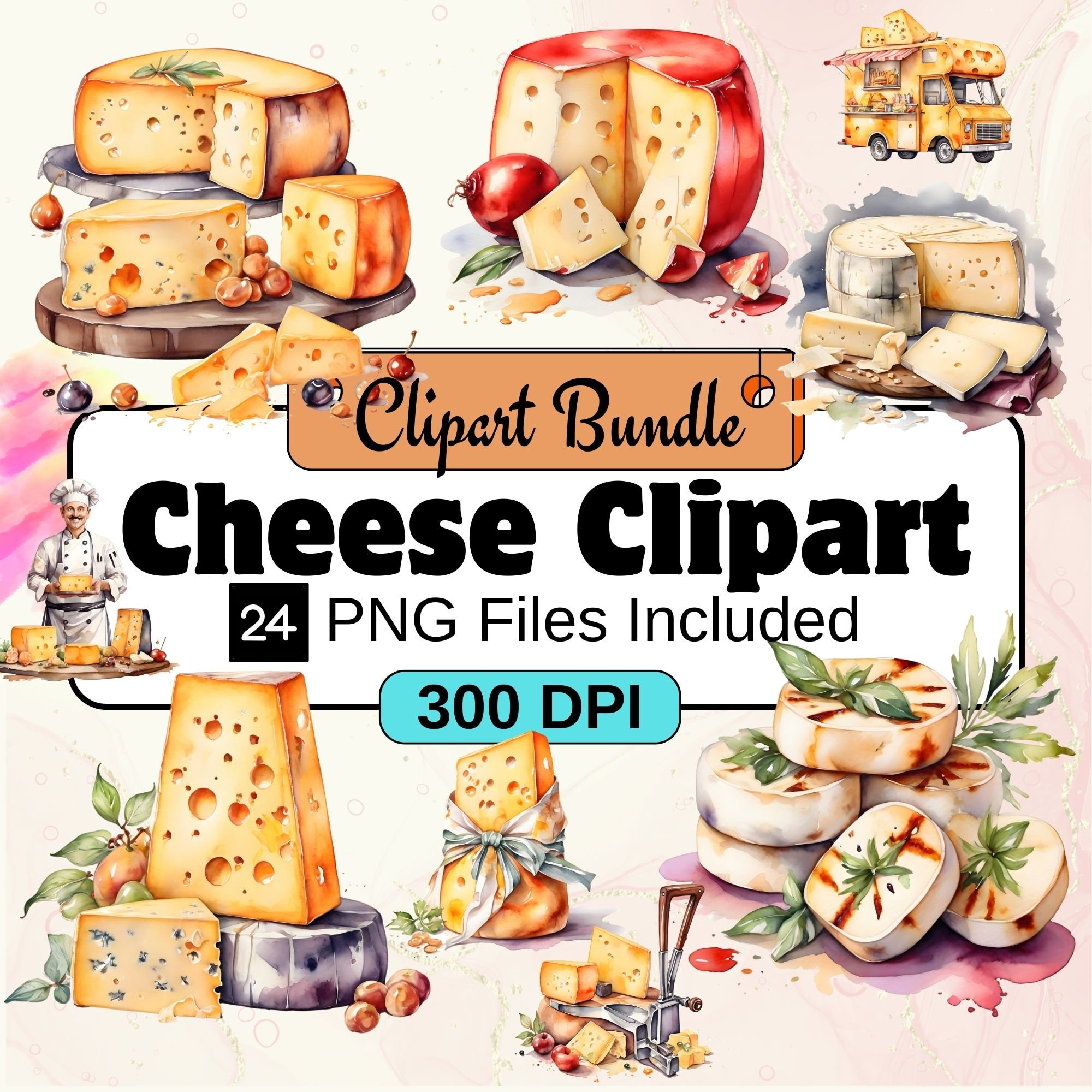 Cheese Clipart, Watercolor Cheese PNG Bundle, 24 Cheese Clipart Bundle ...
