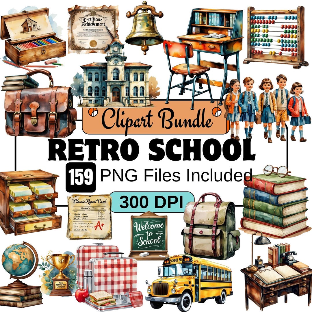 Vintage School Clipart,retro School Clipart PNG Bundle,old School,1950 ...