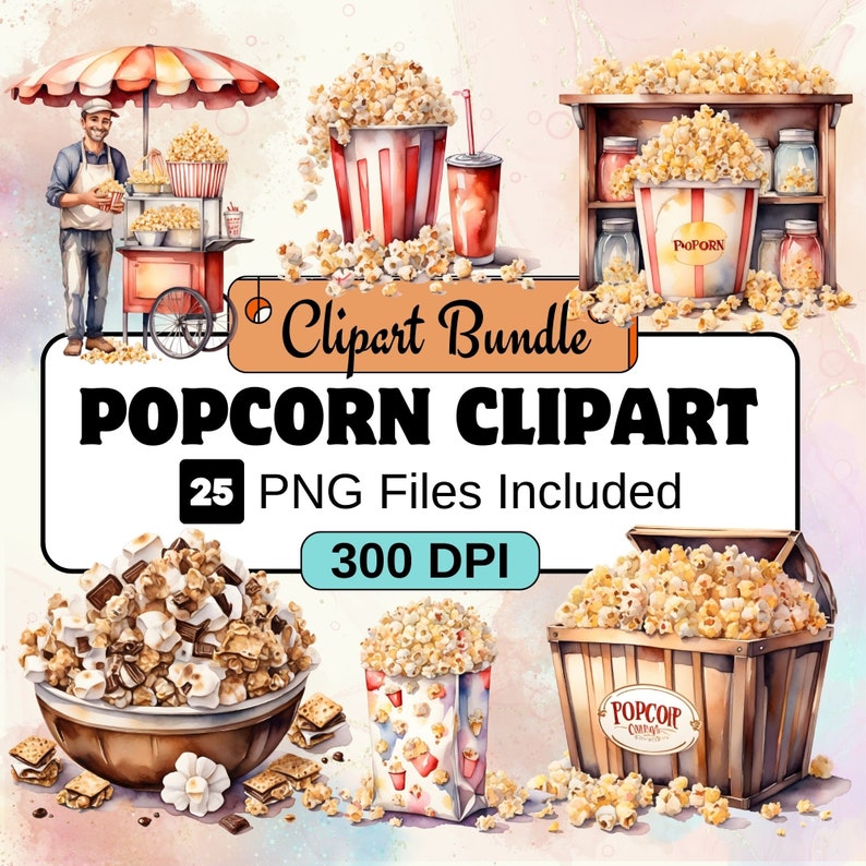 Popcorn Clipart, Watercolor Popcornt PNG Bundle, 24 Popcorn Clipart ...