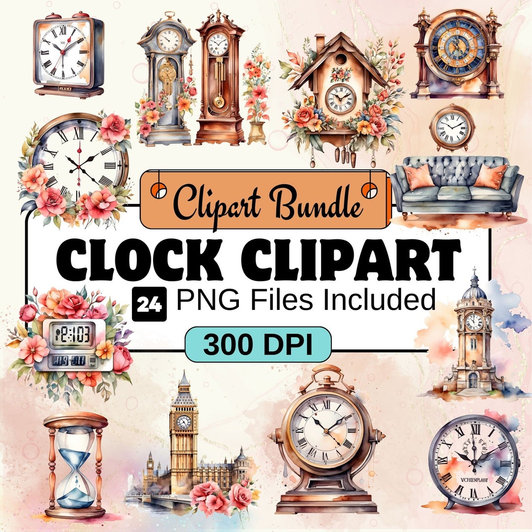 Clock Clipart, Time Clipart PNG Bundle, 24 PNG Clock Clipart Bundle ...
