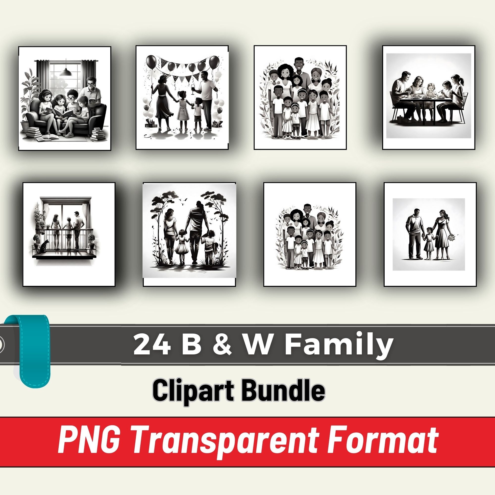 Family Clipart Black and White, Family Love Clipart PNG Bundle, 24 PNG ...