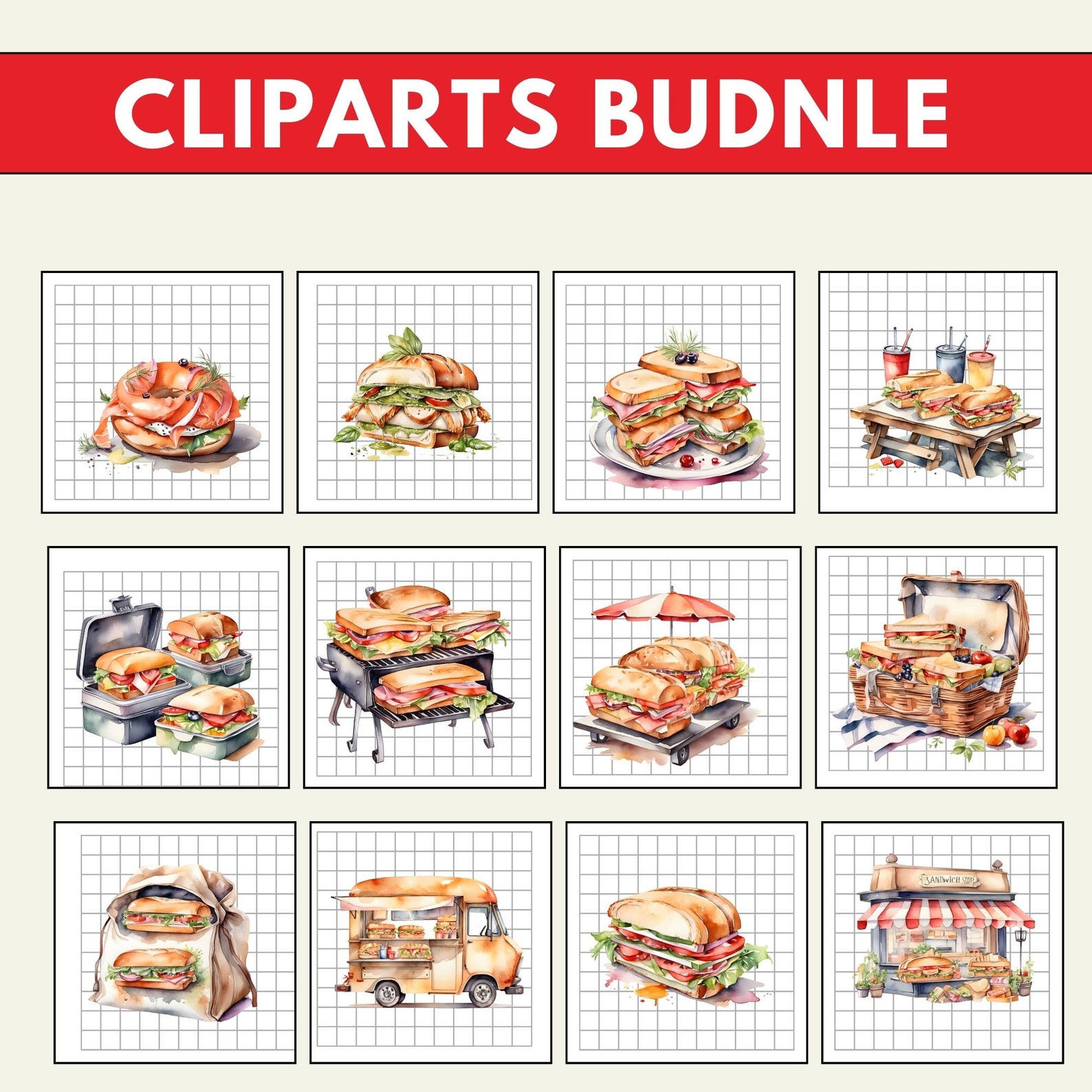 Sandwich Clipart, Watercolor Sandwich, Food Clipart, PNG Bundle, 24 ...