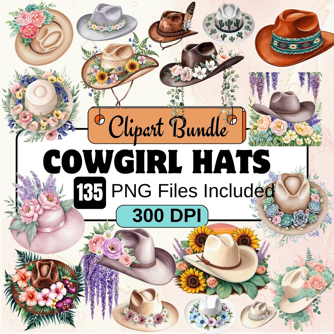 Cowgirl Hats Clipart, Flower Cowgirl Hat Clipart PNG Bundle, 135 PNG ...